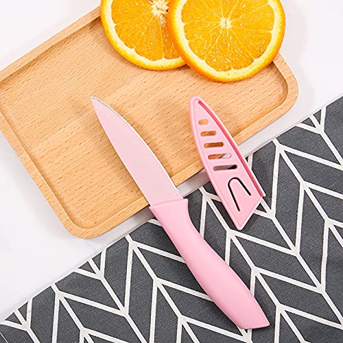2 pcs Kitchen Knife Set 3.5” Paring Knife with Sheath + Peeler Non Stick stainless steel blade Pink Combo (2 Pink Knives)
