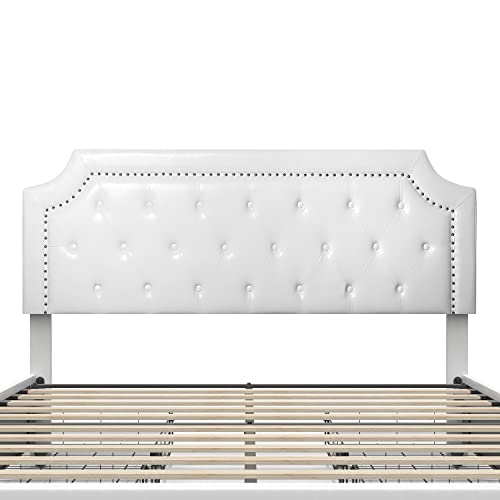 BONSOIR Queen Size Storage Bed Frame Upholstered Low Profile Traditional Platform with Tufted and Nail Headboard/4 Pull Out Drawers/White Faux Leather