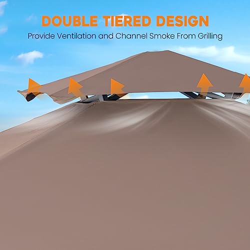 Akeacubo Replacement Canopy Cover with Double Tiered Roof Fit for 5'x8' BBQ Grill Gazebo Model L-GG001PST、L-GZ238PST - Khaki