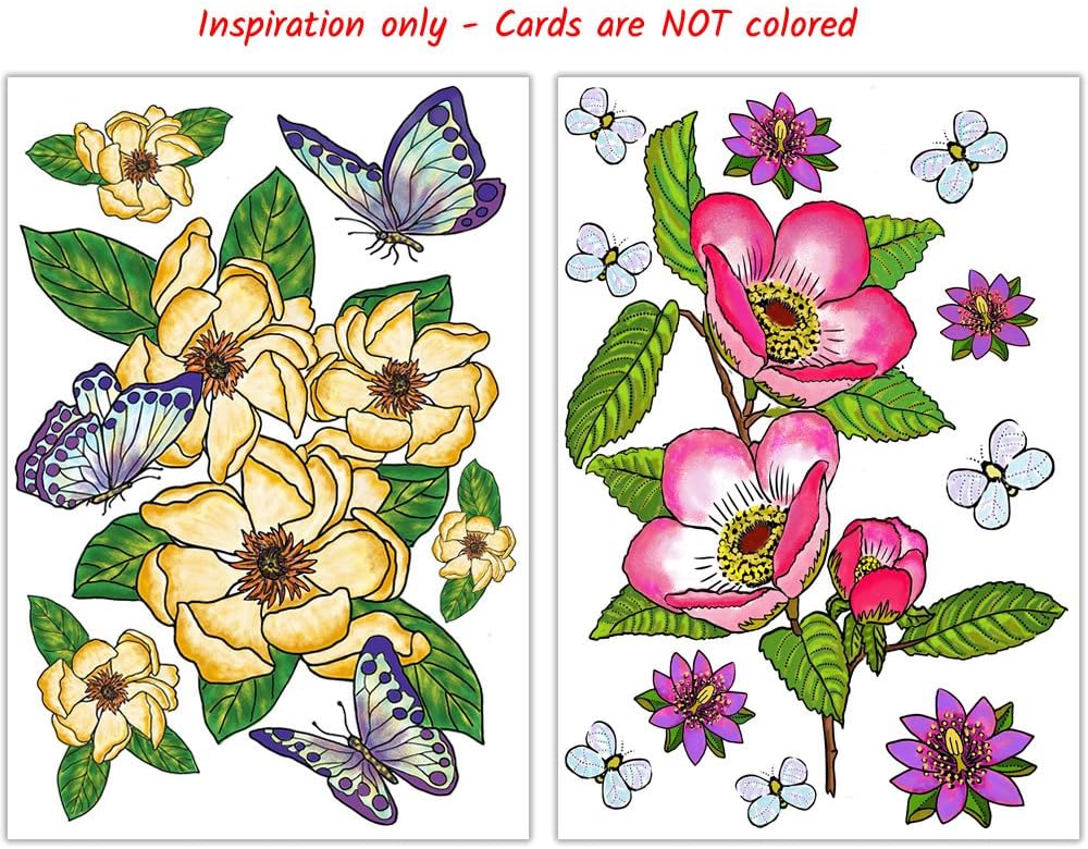 Art Eclect Adult Coloring Flower Greeting Cards for Birthdays, Anniversary, Thank You and Sympathy Cards (10 Cards and 10 Envelopes, Set Flowers B/Pink)