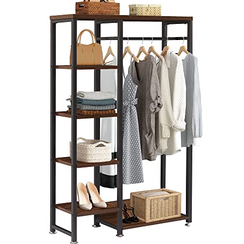 VECELO Free-Standing Heavy Duty Vintage Closet/Storage Organizer for Bedroom Clothes Garment Rack with Shelves and Hanging Rod, Dark Brown