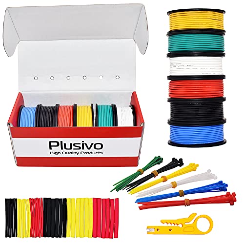 24 AWG Stranded Wire Kit β Silicone Coated Copper Wires 24 Gauge Pre-Tinned 30ft/9m Each Spool, 6 Colors (Black, Red, Yellow, Green, Blue, White), Electrical Jumper Wire Hook Up Wire Kit from Plusivo