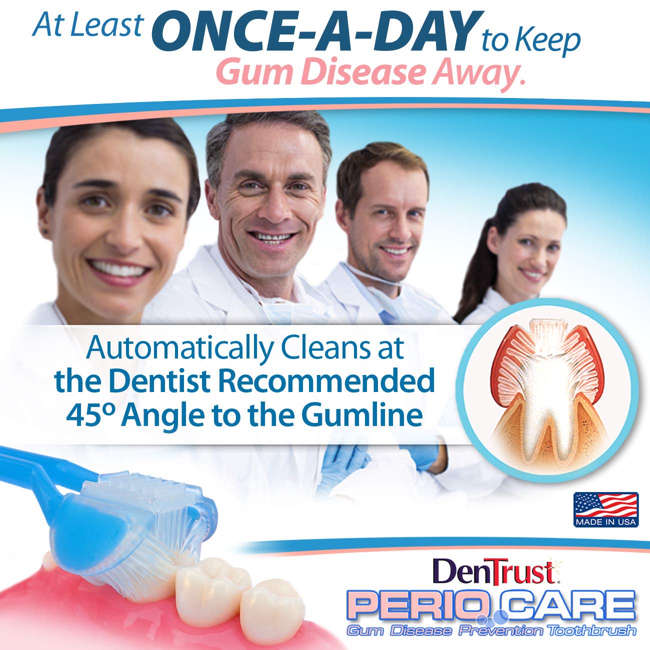 DenTrust 2-PK Periocare 3-Sided Toothbrush | Healthy Gentle Gum Massage | Made in USA | Tongue Scraper Ultra Soft Sensitive Gums