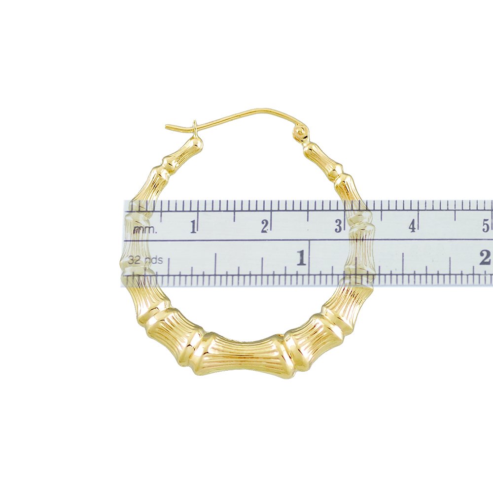 14K Yellow Gold Small Size Round Bamboo Hoop Hollow Earrings 1 3/8 Inches