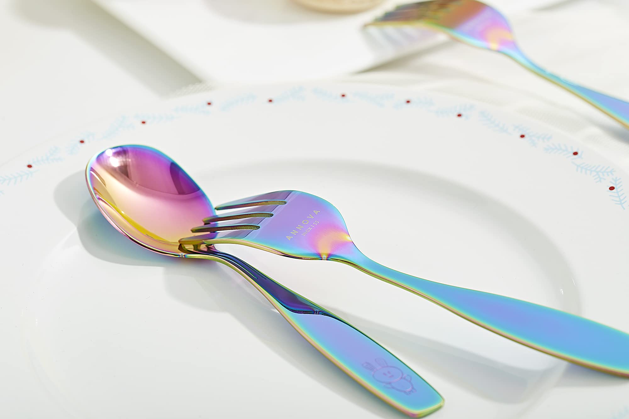 ANNOVA Kids Silverware Children's Safe Flatware Set Stainless Steel - Forks, Dinner Spoons, Toddler Utensils (Engraved Dog Bunny) (UV Rainbow,12 Pieces)