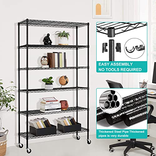 BLKMTY 6 Tier Wire Shelving Unit Adjustable Storage Shelves Metal Shelf with Wheels Wire Rack for Garage Basement Kitchen Racks 2100lbs Capacity Metal Pantry Shelves 48"x18"x82", Black