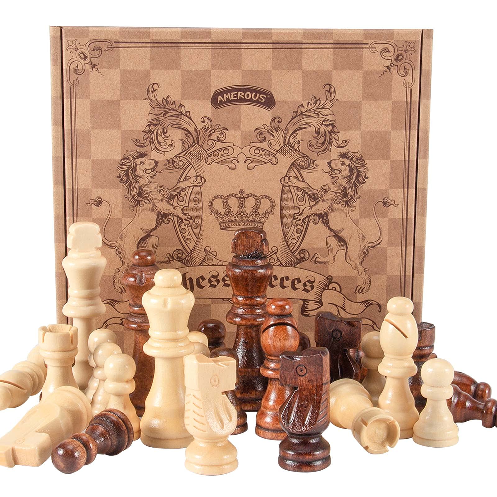AMEROUS Wooden Chess Pieces Only, 32 Pieses / 3.05" King/Storage Bag/Gift Package, Standard Tournamen Staunton Wood Chessmen for Chessboard, Replacement of Missing Pieces
