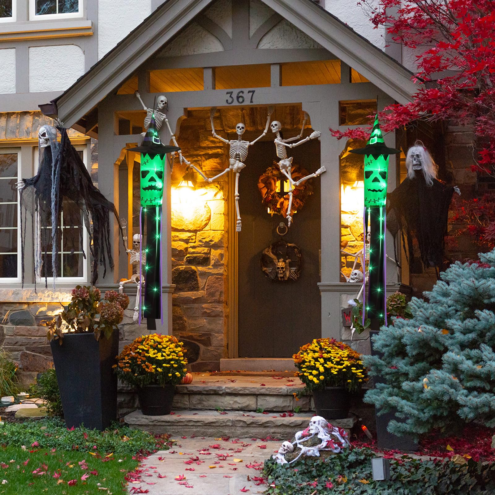 2 Pack Halloween Windsock Flag Halloween Outdoor Decorations with LED Lights Hanging Glowing Witch Hat Windsock Flag Ghost Spooky Wind Socks for Trees Yard Front Door Decor (Green Ghost)