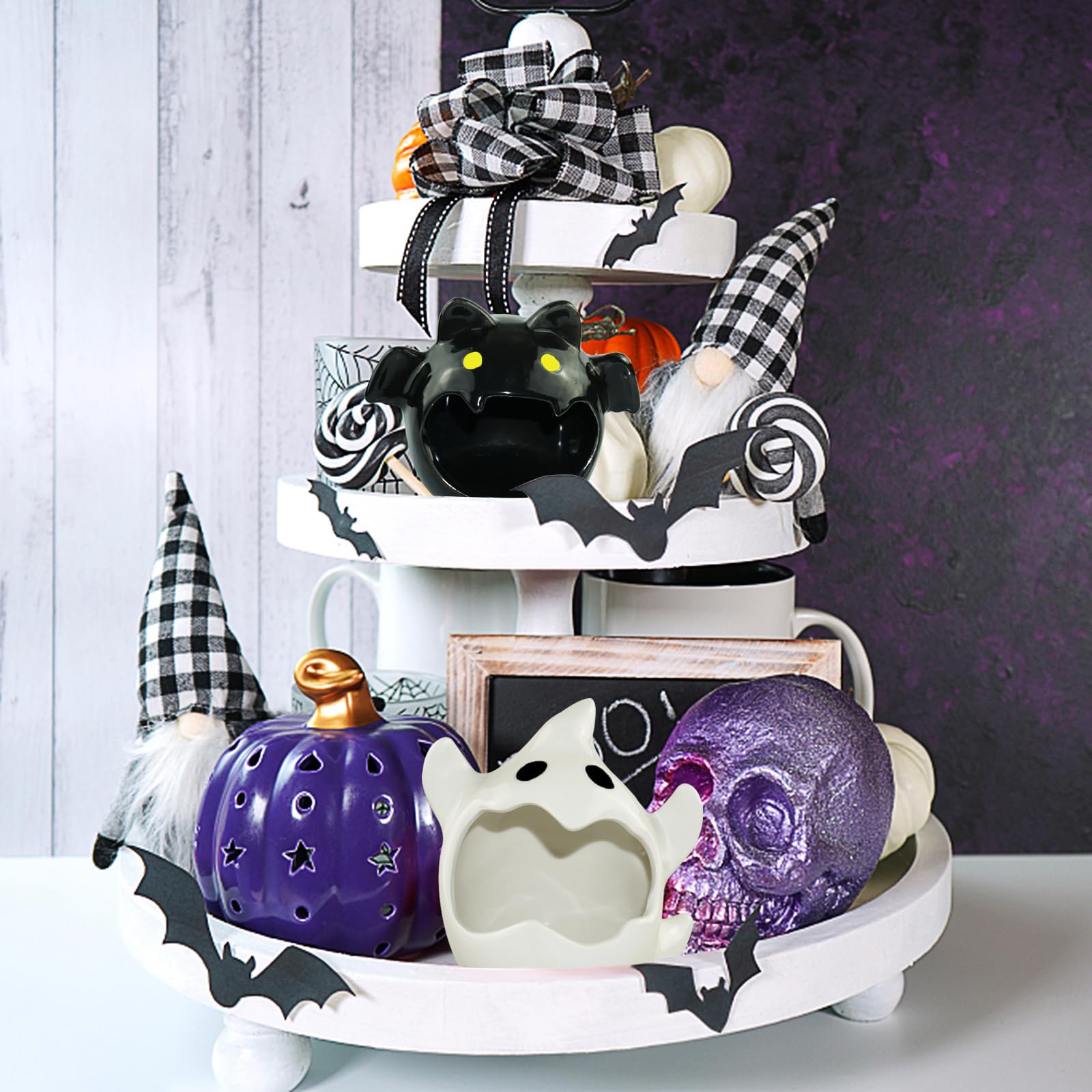 2 Pack Halloween Candy Dish Holder Bat Ghost Shape Halloween Candy Bowls Candle Holder Ceramic Dish Holiday Tired Tray Decor for Trick or Treat Halloween Party Table Decoration Supplies Gift
