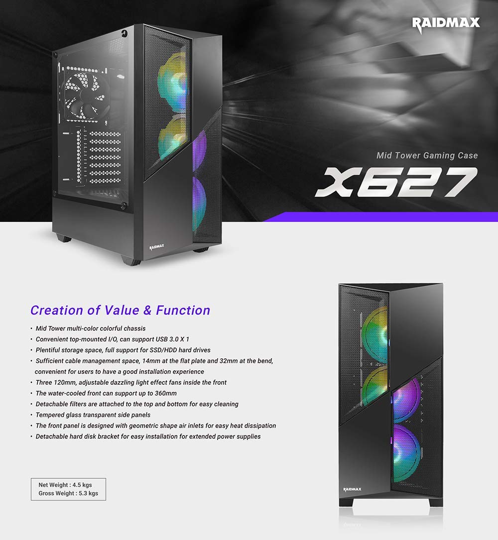 Raidmax ATX Desktop Computer Gaming PC Case Mid Tower PC Case with addressable RGB x3 ARGB Fans ATX PC Case USB 3.0 Tempered Glass PC Case Mesh Window Computer Case with 3 ARGB LED Black PC Case -X627
