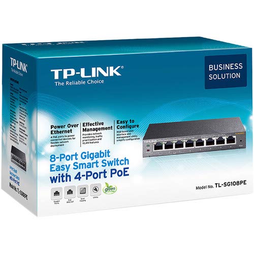 TP-Link 8-Port Gigabit PoE Easy Smart Managed Switch with 55W 4-PoE Ports | Plug and Play | Desktop | Metal | Lifetime | IEEE 802.3af compliant (TL-SG108PE) (Renewed)