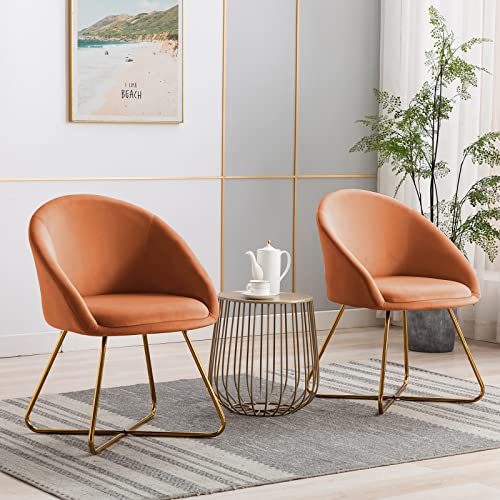 Artechworks Modern Velvet Dinning Chair with Golden Legs, Lounge Chair Set of 2, Accent Armchair for Living Dining Room Bedroom Reception Chair, Caramel