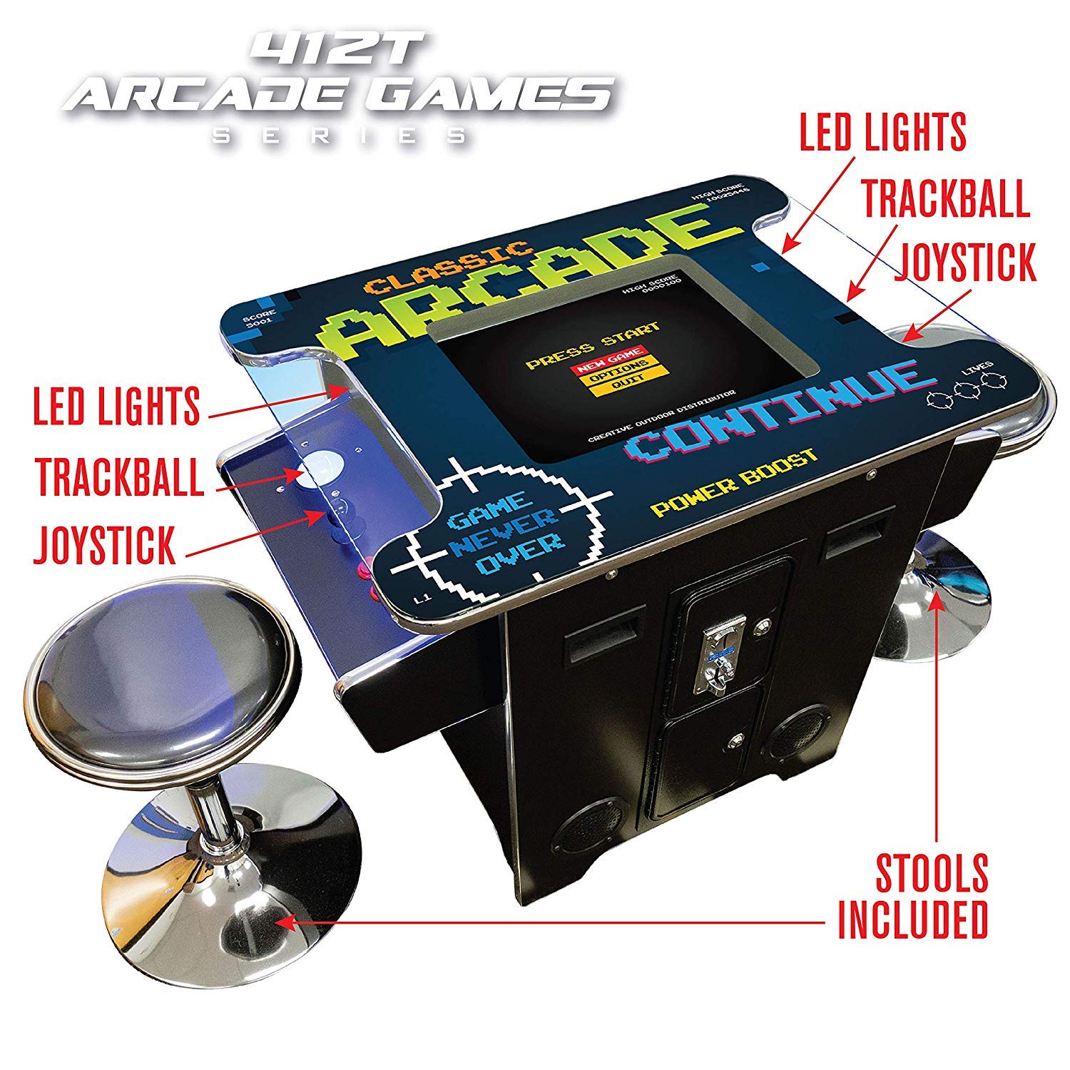 Creative Arcades Full Size Commercial Grade Cocktail Arcade Machine | 2 Player | 412 Games | 22" LCD Screen | Square Glass Top | LED | 2 Sanwa Joysticks | Trackball | 2 Stools | 3 Year Warranty