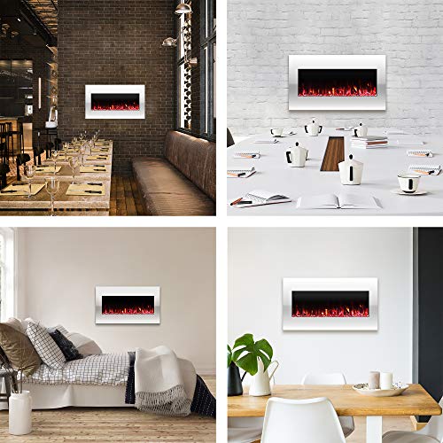 36-Inch Wall Mounted Electric Fireplace - 10-Color LED Flame and 3 Media Backgrounds with Adjustable Brightness and Remote by Northwest (White)