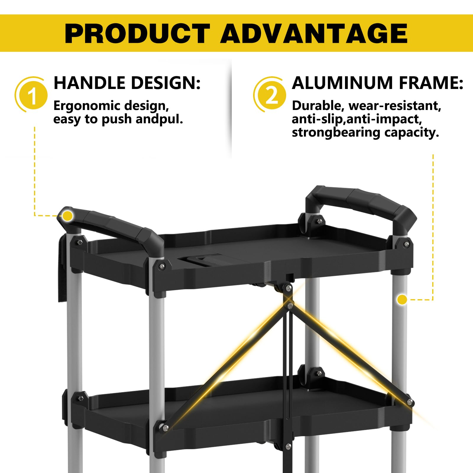 3 Tier Portable Folding Service Cart,Foldable Cart with Wheels,350BLS Folding Plastic Cart for Garage,Workshop & Industrial Use (Black)
