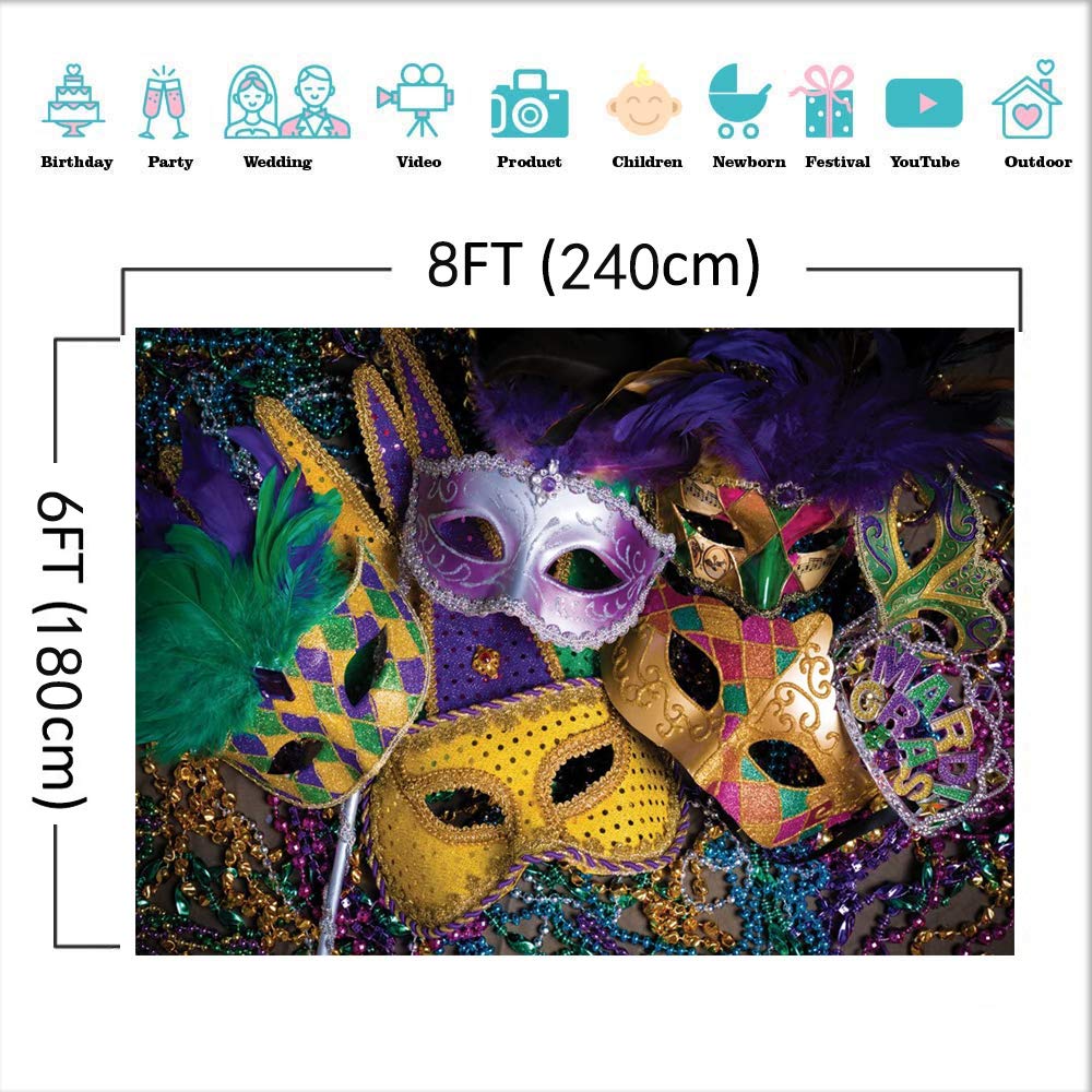 CYLYH 8X6ft Mardi Gras Backdrop Masquerade Themed Party Photography Background Masquerade Birthday Decoration Venice Carnival Banner Backdrop D513