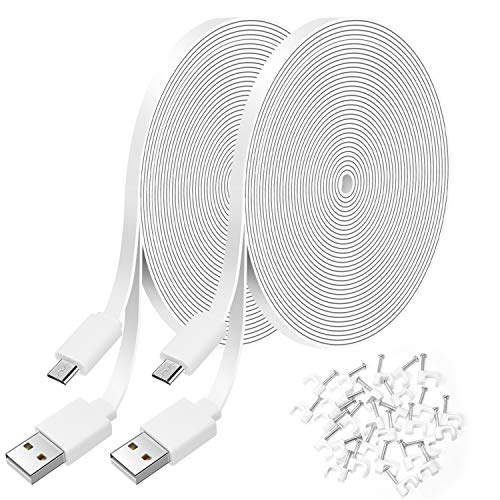 FASTSNAIL 2 Pack 26FT Flat Power Extension Cable for WyzeCam, for WyzeCam V3, for WyzeCam Pan, for KasaCam NestCam Indoor, for Yi Cam, for USB to Micro USB Charging and Data Sync Cord with Wire Clips
