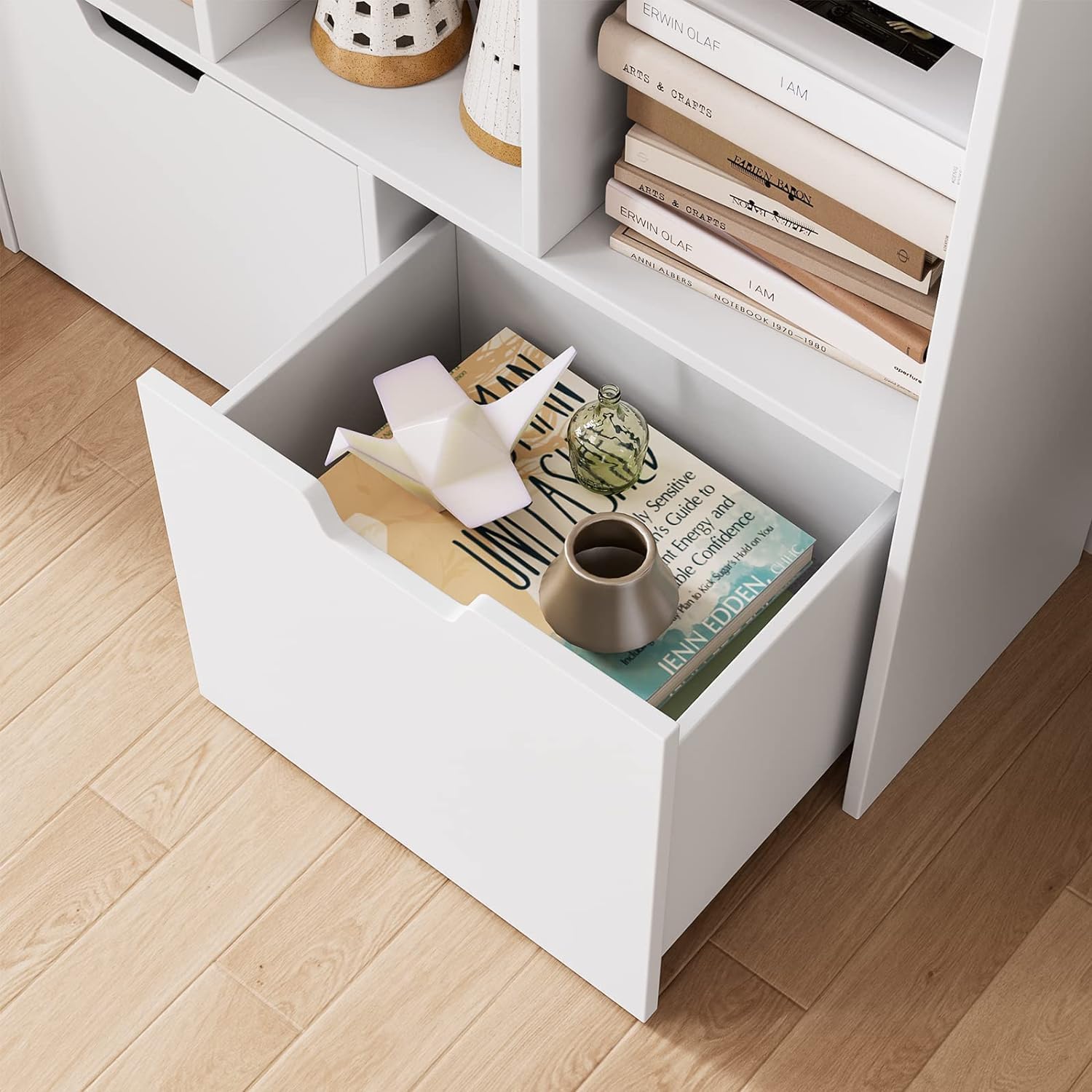 2024 New White Kids Bookshelf, Wooden Bookshelf Organizer With 9 Cubicles & 2 Spacious Drawers - Versatile Standing Storage Unit for Kids Room, Nursery, Home Office, Living Area & Study Space