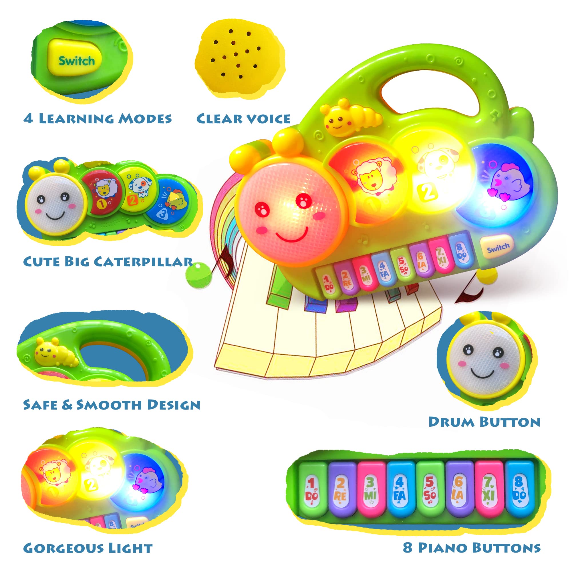 AMINFUN Baby Piano Drum 6-12 Months Toy, Caterpillar Piano Keyboard Drum Light Up Sound Musical Toy, Learning Educational Interactive Infant Toddler 12-24 Months Gift