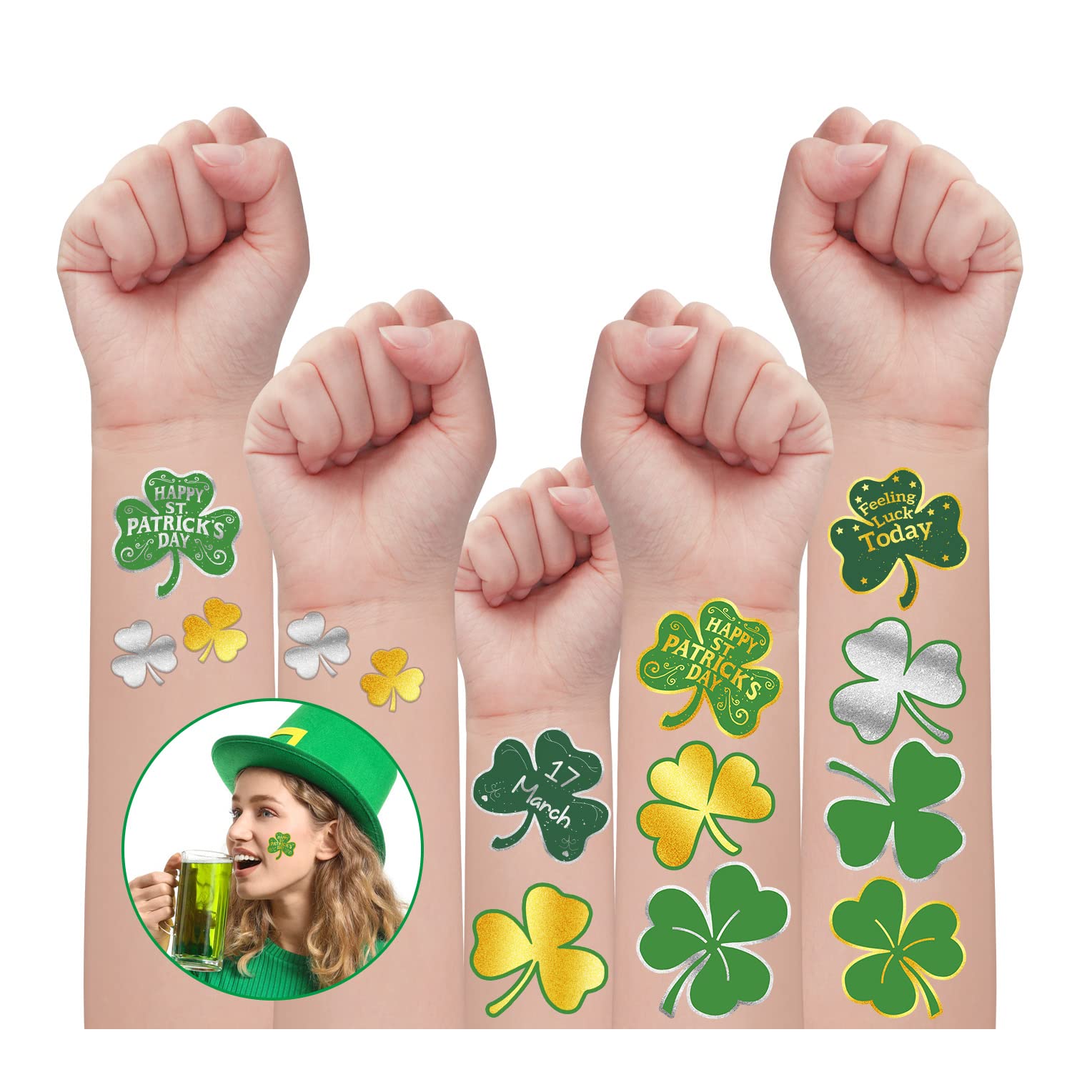 Partywind 64 PCS St Patrick's Day Temporary Tattoos, Metallic Glitter Shamrock Face Stickers for Saint Patrick's Day Decorations Party Favors, Irish Shamrock Decor for Women, Men, Kids (2 Sheets)