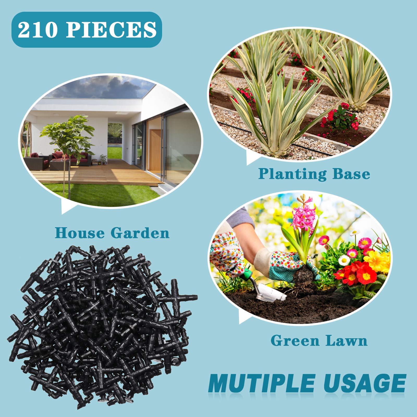 Irrigation Fitting Kit Drip Irrigation Barbed Connector Include 50 Single Barbed Connector 20 Tee 20 Elbow 20 4-Way Coupling and 100 Irrigation Support Stake Hose Holder for 1/4 Inch Tubing 210 Piece
