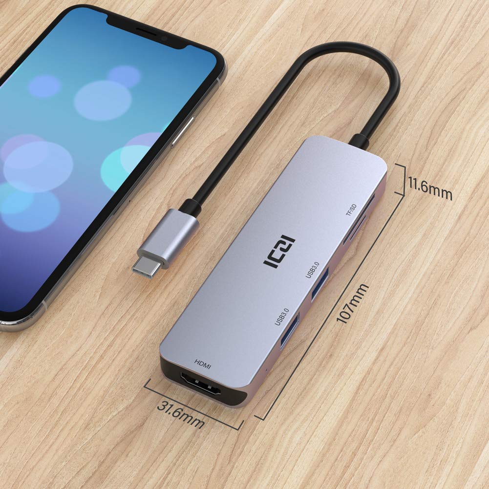 ICZI USB C Hub, 5 in 1 USB C Adapter with 4K HDMI, 2 USB-A 5Gbps Data Ports, SD/TF Card Reader, Thunderbolt 3 Compatible USB C Dongle for MacBook Pro/Air and More USB-C Devices