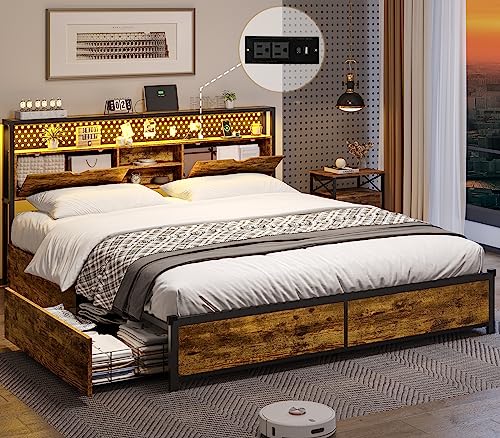 ADORNEVE Queen LED Bed Frame with Storage Headboard, Queen Size Platform Bed with Type-C & USB Charging Station, Metal Bed Frame with Drawers, Storage Shelf Headboard, Noise-Free, Vintage Brown