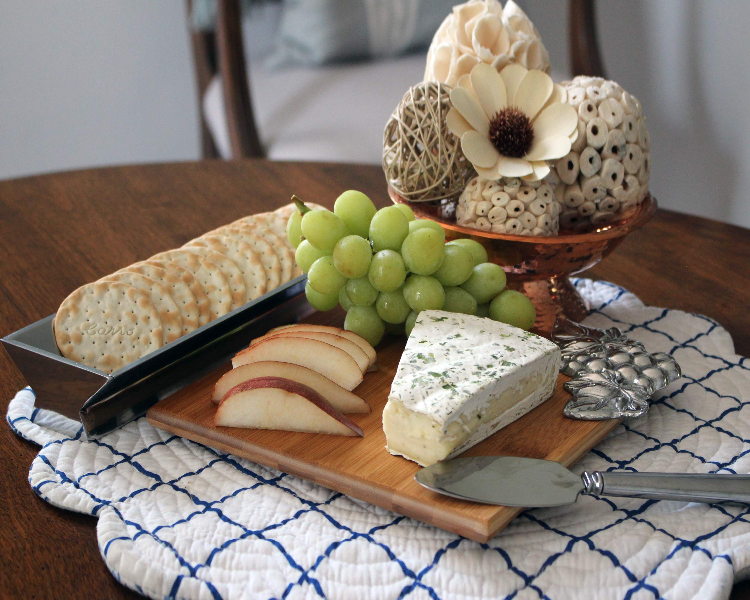 Arthur Court Designs Bamboo Cheese Board with Aluminum Grape Accent Cracker Tray and Spreader 8.5 inch x 8.5 inch board
