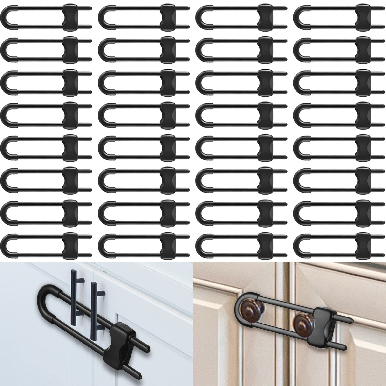 30 Pcs Sliding Cabinet Locks for Babies Adjustable U Shaped Safety Child Locks Baby Proofing Cabinet Latches for Drawer Knob Handle on Kitchen Bathroom Storage Cupboard Door Closet Dresser (Black)