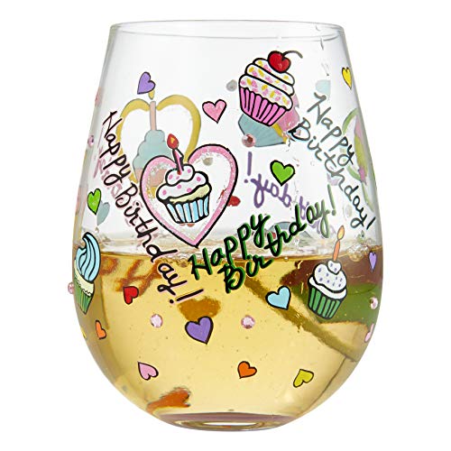 Enesco Designs by Lolita Birthday Cupcakes Hand-Painted Artisan Stemless Wine Glass, 1 Count (Pack of 1), Multicolor
