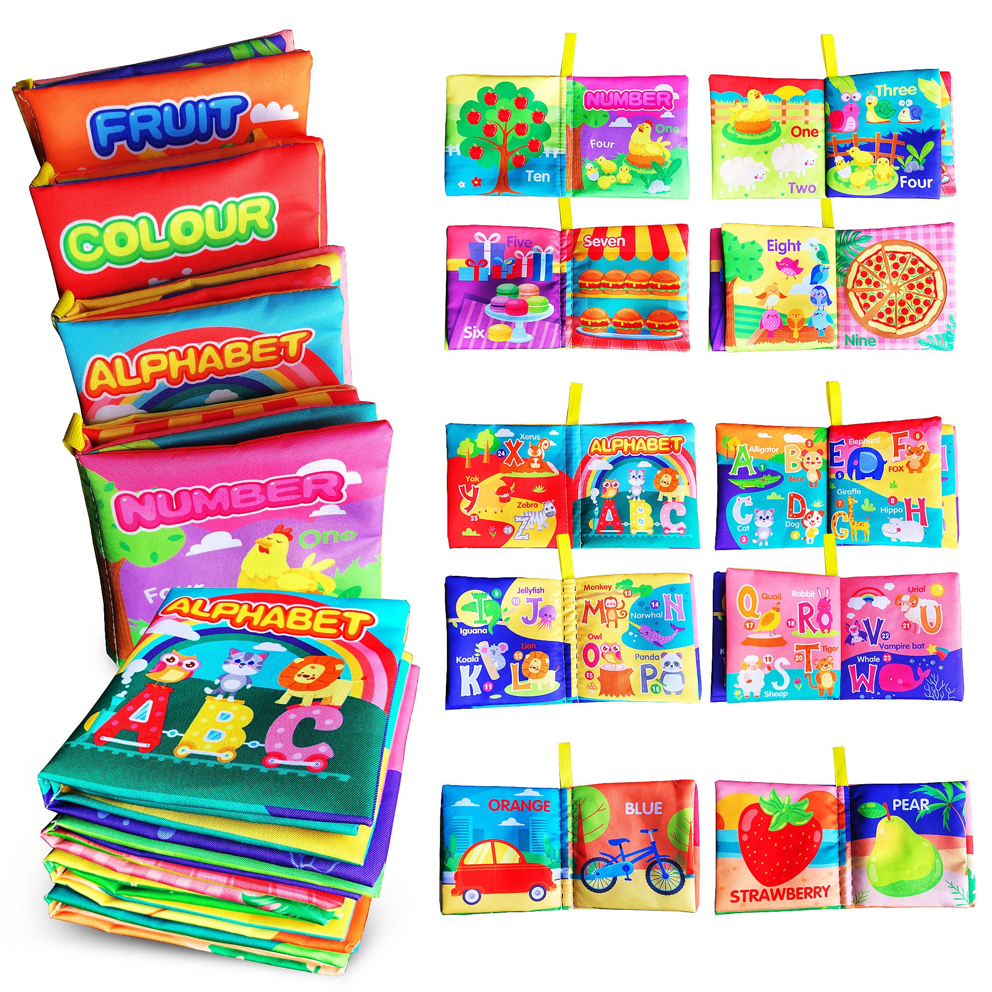 AMINFUN Soft Cloth Baby Book Toy 0-6 Months, Baby Learning Book(ABC-Z,1-10,Colour,Fruit,4 Pack),Touch and Feel Crinkle Book Infants 6-18 Months,Early Educational Toy 0-3, Gift for Babies Infants