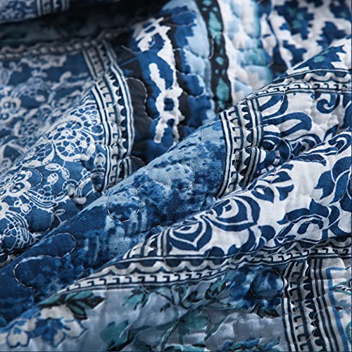 Blue Bohemain Bedspread King Quilt Set, 100% Cotton Coverlet King, Reversible Rustic Patchwork Printed Bedding Quilt Coverlet, 3 Pieces Boho Cotton Quilt Set for All Season King for Summer 94βx106ββ