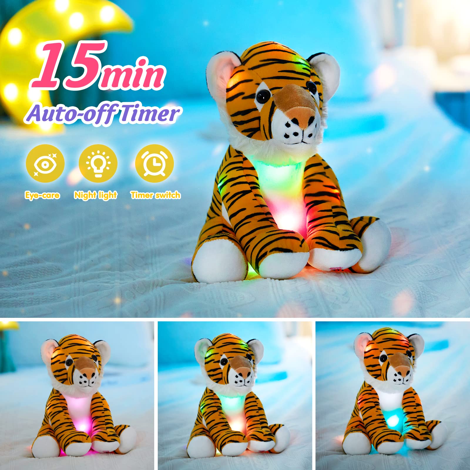 Athoinsu 11'' Light up Tiger Stuffed Animal with LED Night Light Glow in Dark Soft Plush Toy Valentine's Day Children's Day Birthday for Toddlers Kids