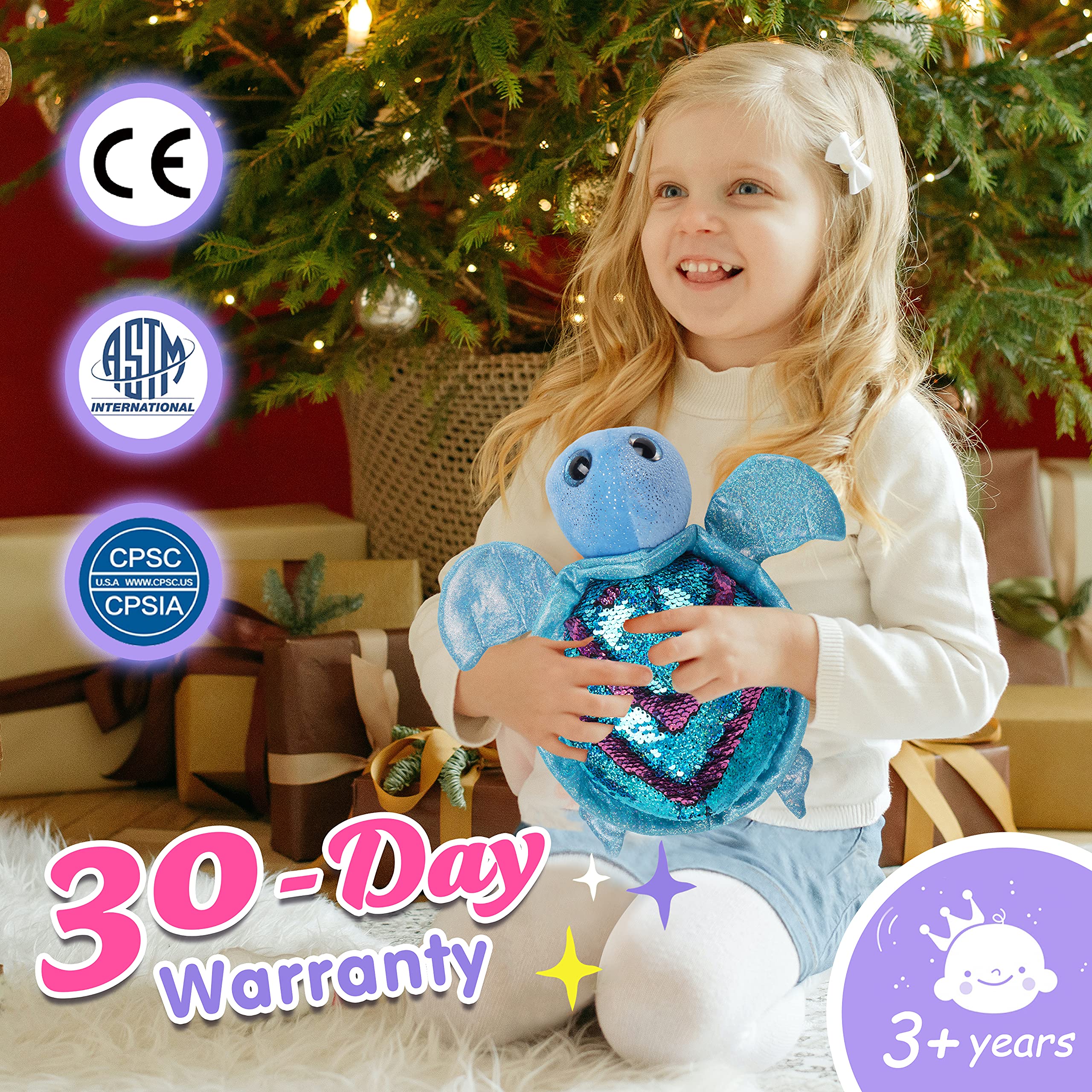 Athoinsu 12'' Blue Turtle Plush Pillow Soft Plush Toy with Reversible Glitter Sequins Sparkle Birthday Children's Day Valentine's Day for Kids Boys Girls Toddlers