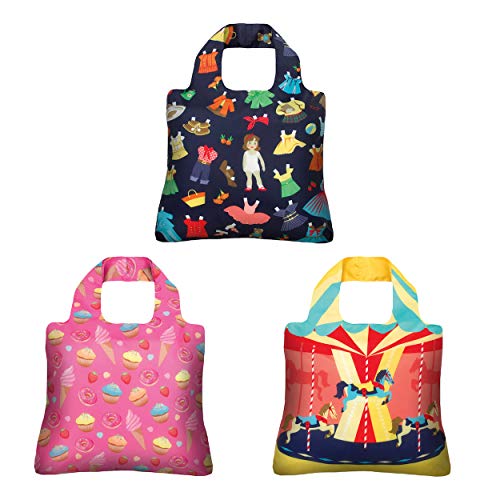 Envirosax Reusable Grocery Bags- Set of 3 Cute Retro-Designs, Foldable Quality Shopping Tote Bag, Eco-Friendly Polyester Washable For Travel, Shopping Multi use