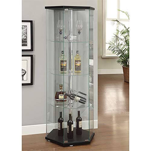 Coaster Home Furnishings 950276 Traditional Glass Hexagon Shaped Curio Cabinet with Three Round Shelves, 24" D x 24" W x 63.5" H, Black