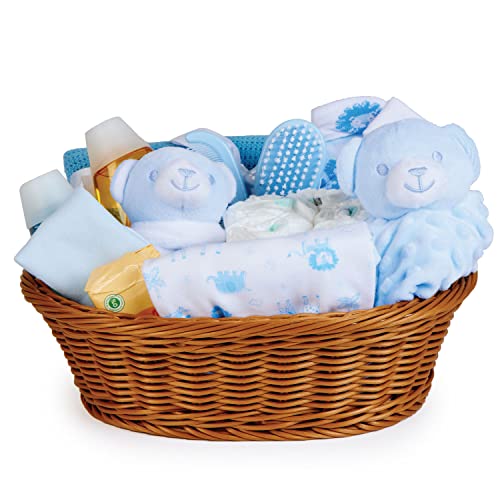 Basket for Boy - 18 Baby Boy Essentials, Blue Baby Gift Sets for Newborn, New Baby Boy Gift Basket, Maternity Welcome Baby Boy Gift
