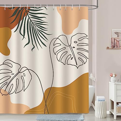 Bonhause Abstract Boho Leaf Shower Curtain Mid Century Modern Minimalist Art Decorative Bath Curtain 72 x 72 Inch Polyester Fabric Waterproof Bathroom Curtain with 12 Hooks