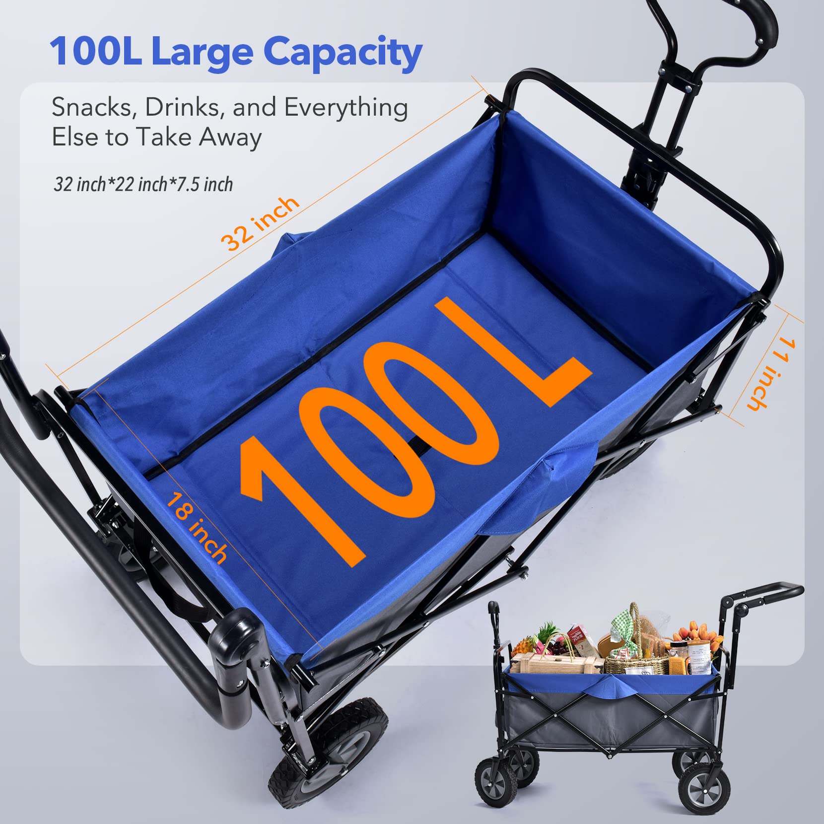 220 lbs Capacity Foldable All Terrain Utility Wagon for Outdoor Camping, Shopping, Sports - 100L, Push Pull Cart