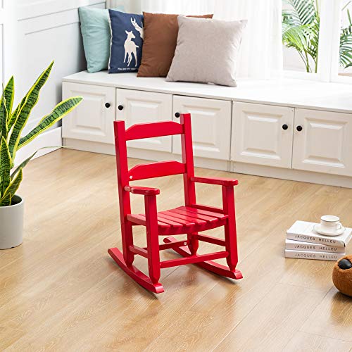 BplusZ KD-21R Rocking Kid's Chair Wooden Child Toddler Patio Small Rocker Red Ages 3-6 Red