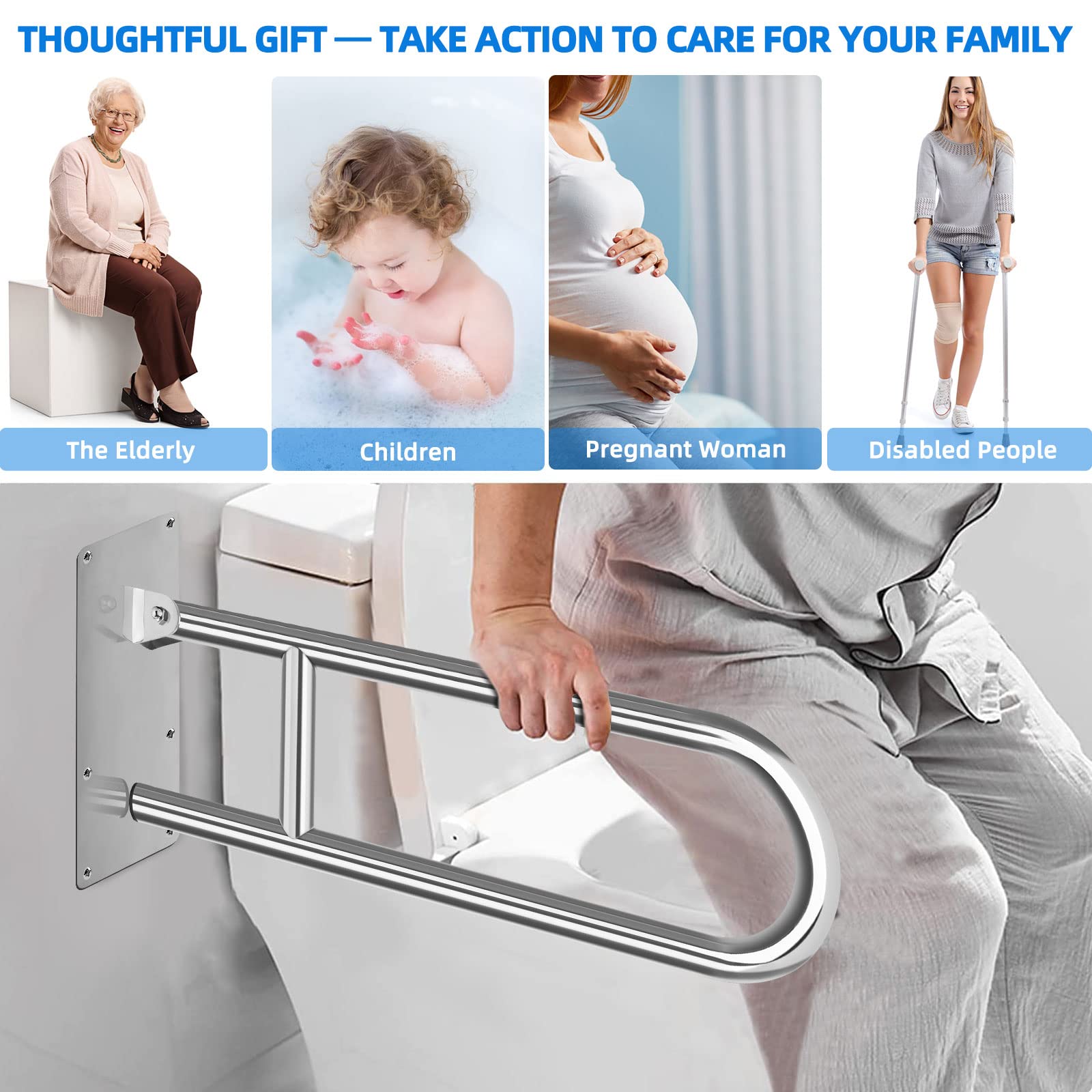 24-Inch Flip-Up Bathroom Grab Bar,Toilet Support Assist Rails,Shower Handle, Toilet Safety Rail, Bath and Shower Grab Bars, Handicap Grab Bars for Elderly Pregnant Disabled