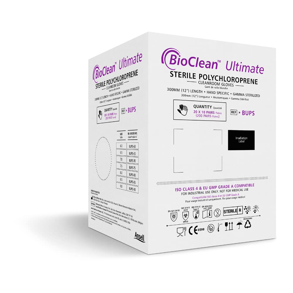 Ansell BUPS-70 BioClean Ultimate Sterile Polychloroprene Glove, 12" Length, Hand Specific, Natural, Size 7.0 (Pack of 200)