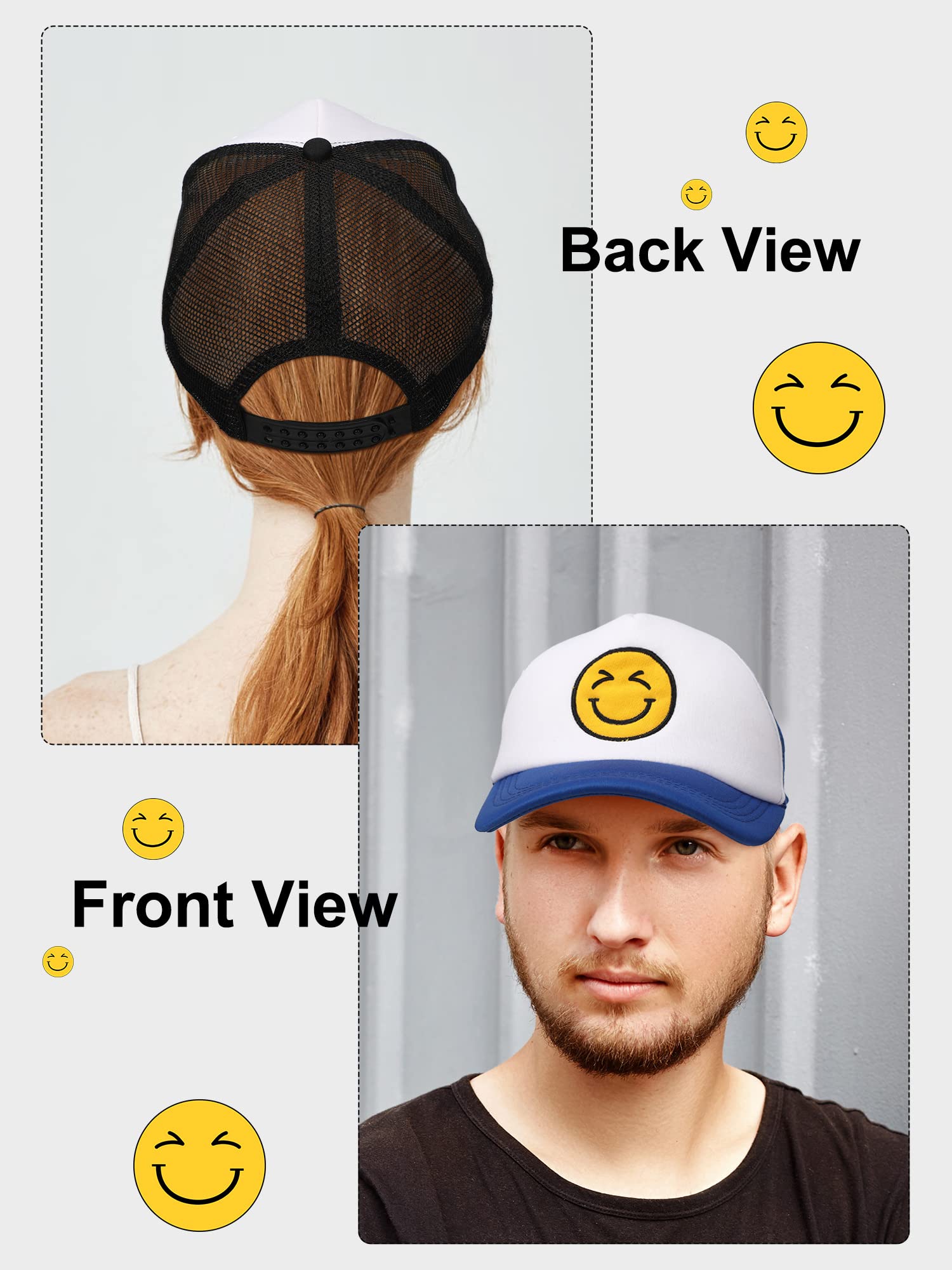 3 Pieces Smile Face Baseball Hats Adjustable Mesh Back Caps Summer Foam Mesh Cap Trucker Hats for Women Men