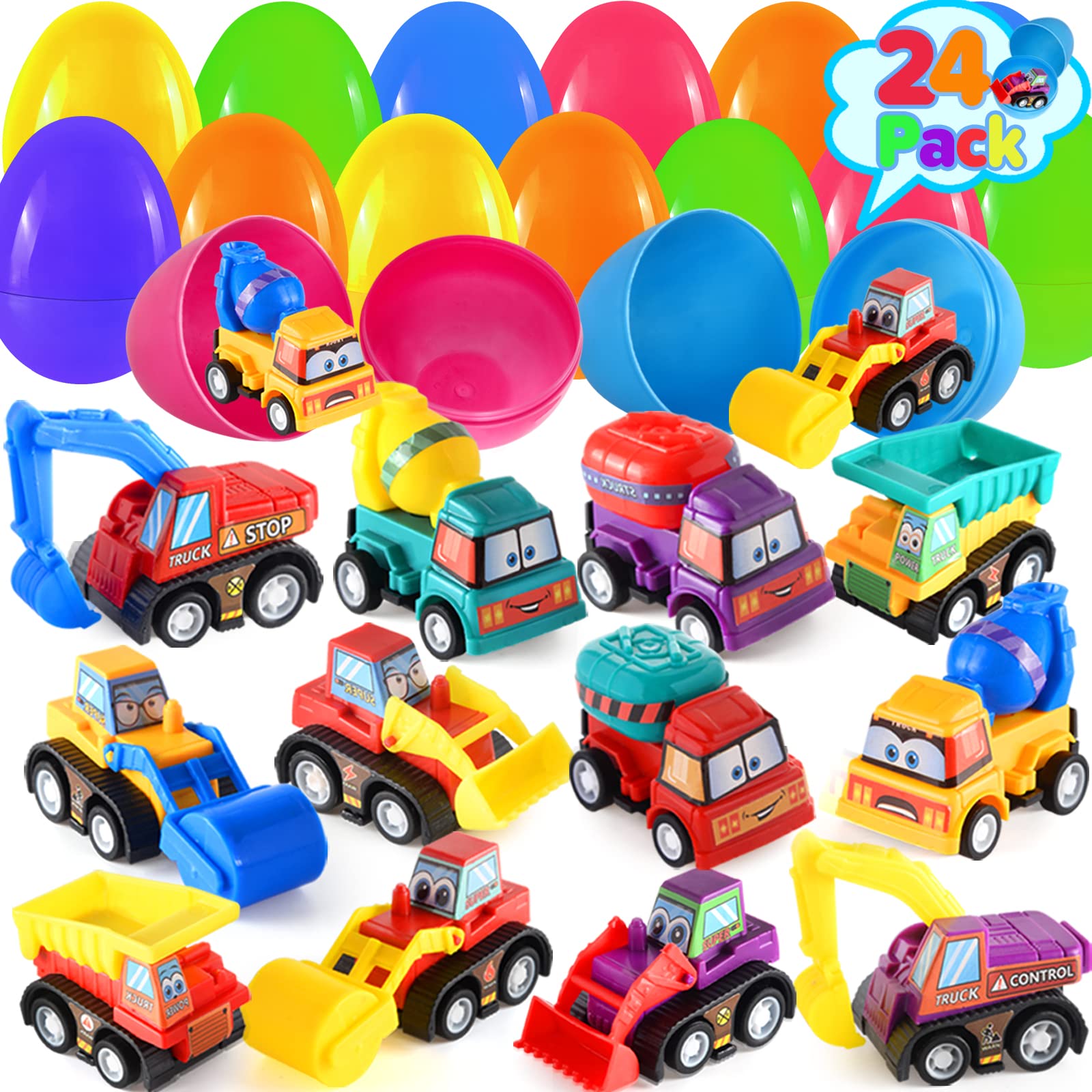 24 Pack Plastic Easter Eggs and Cars for Easter Egg Hunt, Play Pull Back Construction Car Toys, Easter Basket Stuffers, Classroom Prize Supplies, Easter Party Favors for Kids Boys Girls Toddlers