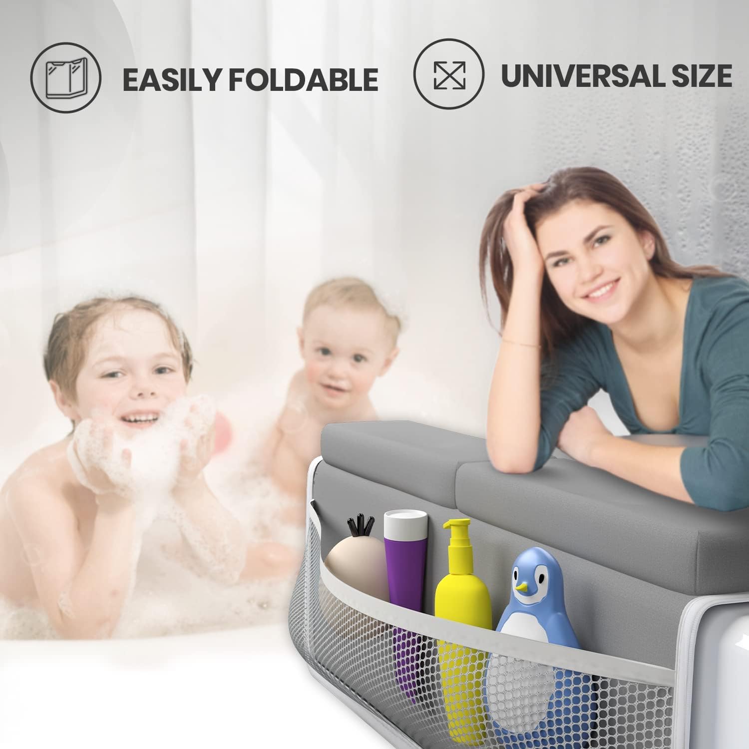 Baby Bath Kneeler and Elbow Rest Pad 2 Pieces Set with 3 Spacious Pocket to Organize Baby Acessories, 1.5" Thick Non-Slip, Soft, Fast-Drying Foldable Toddler Bath (Grey)