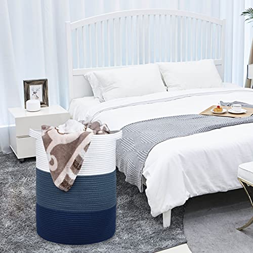 BOSROTY Extra Large Blanket Basket, Tall Laundry Basket, Laundry Hamper, Large Storage Basket, 15.7βx 21.7β,Cotton Rope Basket, Woven Basket, Toy Basket, Clothes Baskets, White&Cadet Blue&Navy Blue