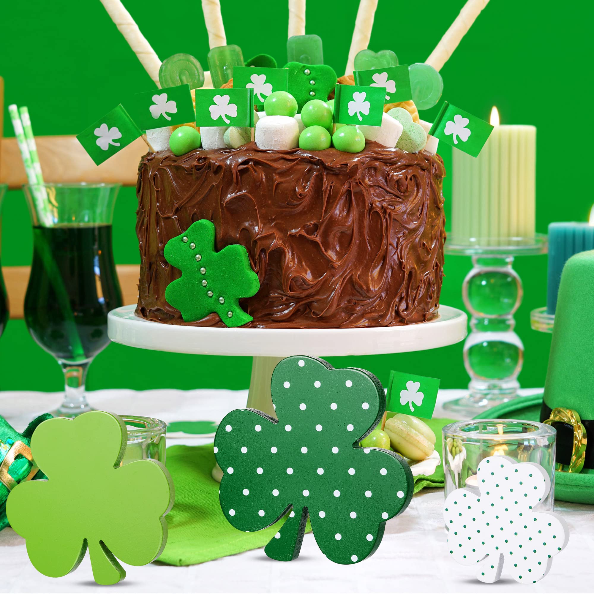 3 Pieces St Patricks Day Table Wooden Signs Shamrocks Wooden Sign Irish Themed Freestanding Table Decorations for Desk Office Home Party Decoration Tray Decor (Lovely Style)