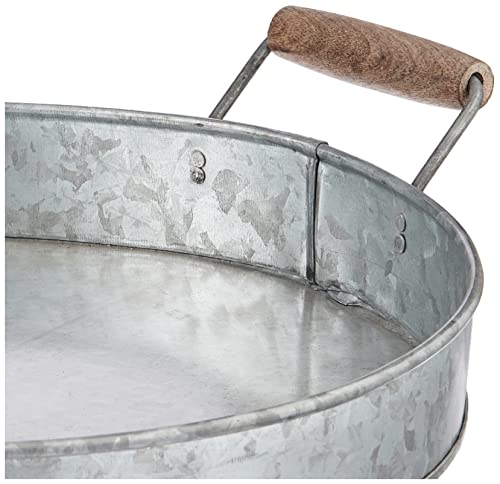 Artland Masonware Round Galvanized Metal Party Serving Tray with Wooden Handles, 19.5"" x 16"" x 2""