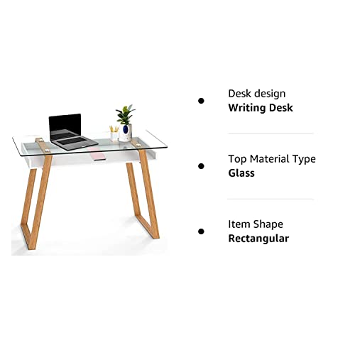 bonVIVO Massimo Small Desk - 43 Inch, Modern Computer Desk for Small Spaces, Living Room, Office and Bedroom - Study Table w/Glass Top and Shelf Space - White