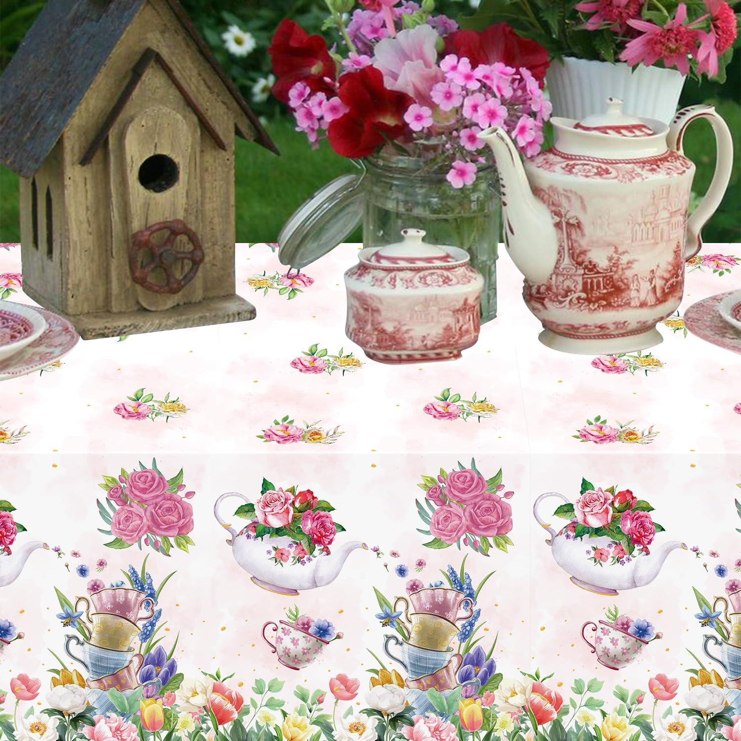 4 Pack Tea Party Decoration Floral Tea Party Tablecloth Tea Party Birthday Supplies 86β x 51β Rectangle Plastic Spring Disposable Floral tea party Table Cover Baby Shower Floral Birthday Decorations